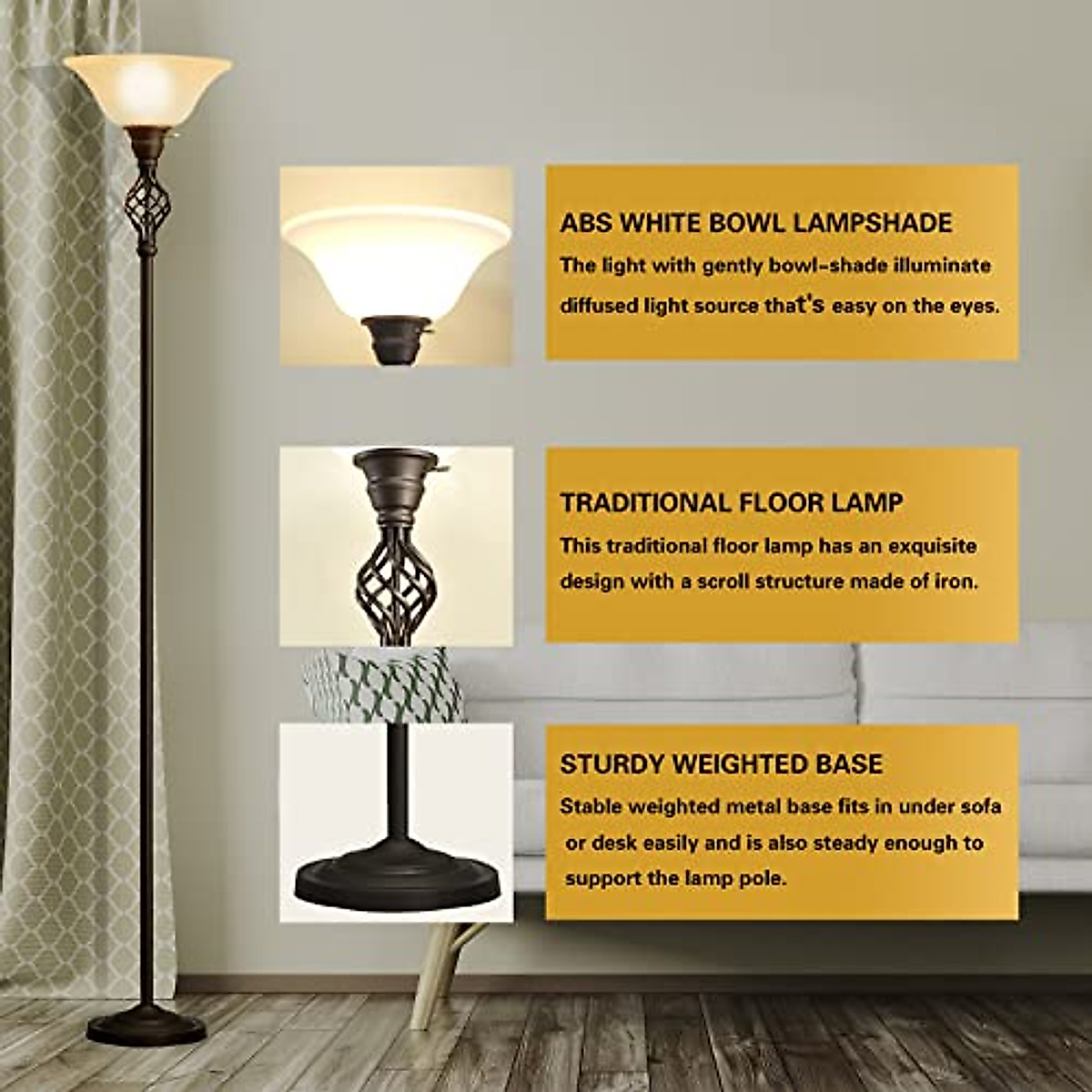RAYINIGHT Floor Lamp for Living Room, 72" Modern Bedroom Standing Lamp with 8W LED Bulb, 3000K Eye Protection Torchiere Floor Lamp for Bedroom, Office, Living Room(Red Brown)