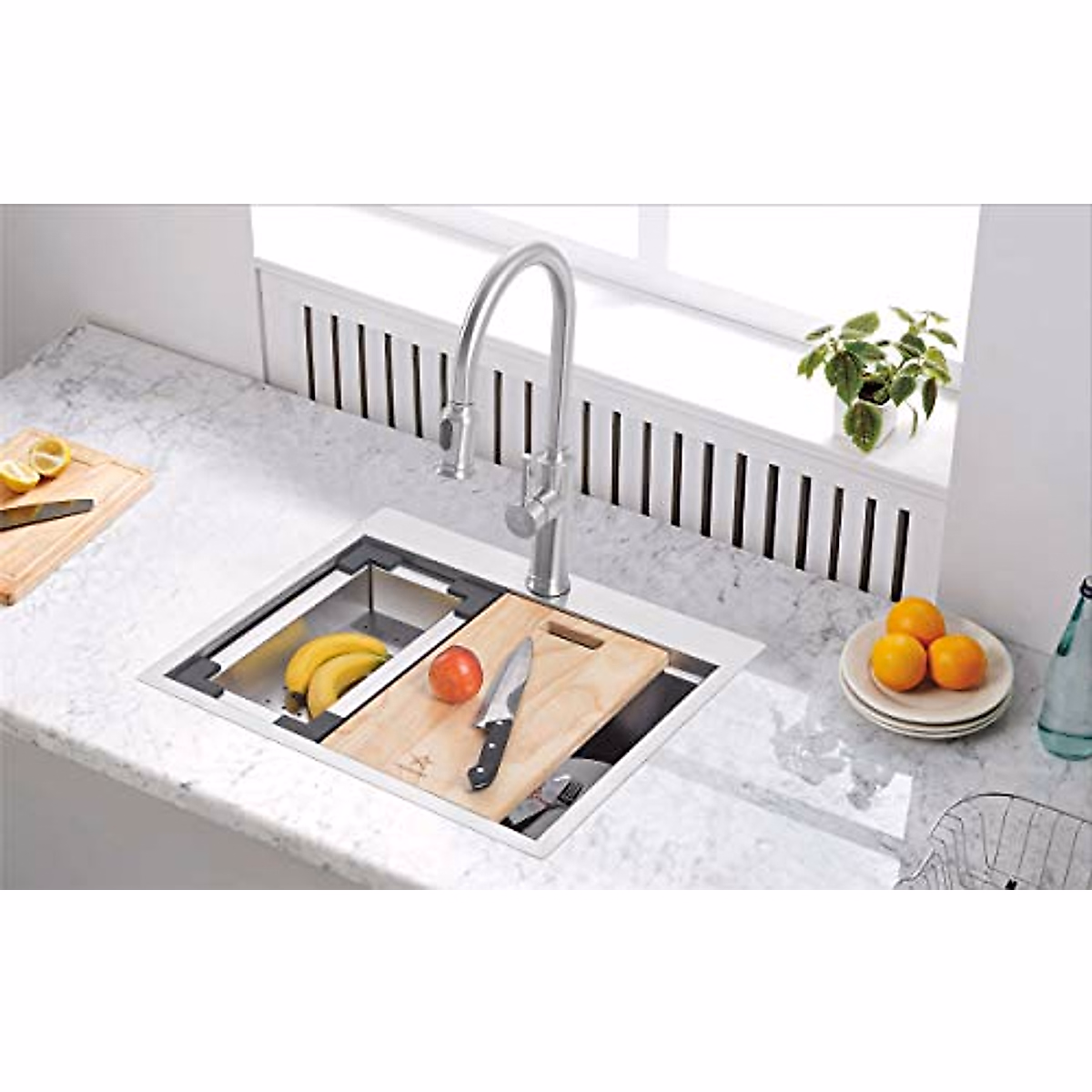 STARSTAR Workstation Ledge Topmount/Drop-in Single Bowl 304 Stainless Steel Kitchen/Yard/Bar/Laundry/Office Sink, With Grid, Colander, Cutting Board, Strainer (23 x 20 x 9-Black Colander)