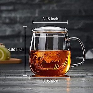 DOPUDO PAVILION Glass Tea Cup with Infuser and Lid, 17.6oz/ 520ml Borosilicate Glass Large Tea Mug with Infuser, Clear Teacup for Loose Leaf Tea, Blooming Tea, Tea Bag
