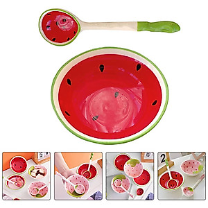 Rice Container 1 Set Dessert Bowl and Spoon Watermelon Shape Serving Bowls Ceramic Salad Bowls Kitchen Mixing Bowls Fruits Dish for Cereal Pasta Snack Appetizer Food Container Japanese