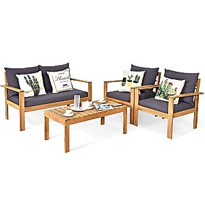 Tangkula Outdoor 4-Piece Acacia Wood Chat Set, 4 Seater Acacia Wood Conversation Sofa and Table Set with Waterproof Furniture Cover, Teak Finished (1, Grey)