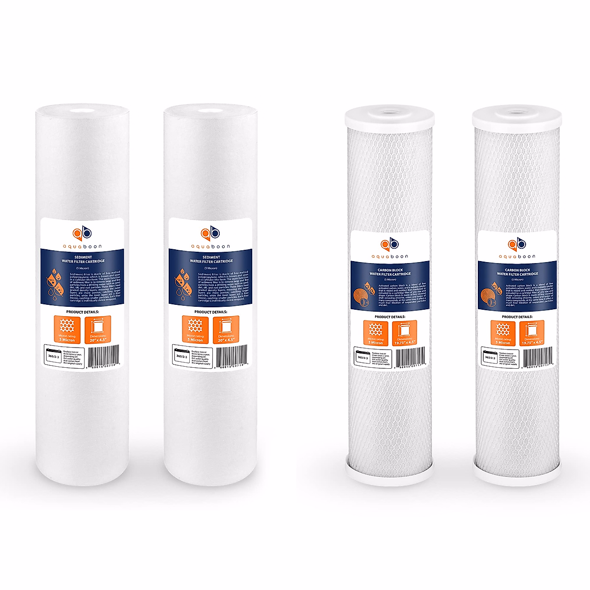 Aquaboon 2-Pack of 5 Micron 20" x 4.5" Sediment Water Filter Replacement Cartridge & Aquaboon 2-Pack Coconut Shell Water Filter Cartridge | Universal Whole House 5 Micron 20 inch Cartridges