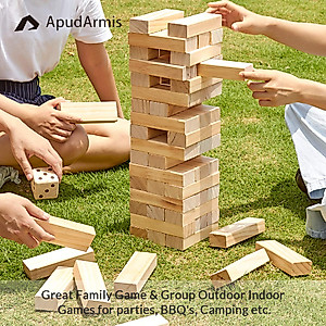ApudArmis Giant Tumble Tower (Stack from 2Ft to Over 4.2Ft), 54 PCS Pine Wooden Stacking Timber Game with 1 Dice Set - Classic Block Giant Outdoor Game for Teens Adults Family