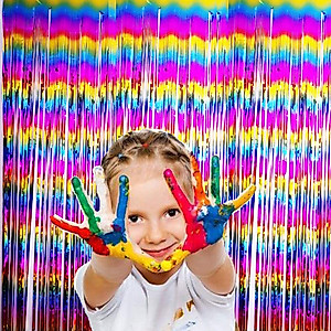 Sparkly Rainbow Foil Fringe Curtain Metallic Streamers Tinsel Party Backdrop Decorations for Birthday Gay Pride Day Graduation Wedding Engagement Bridal Shower Bachelorette Photo Booth Props - 2 Packs