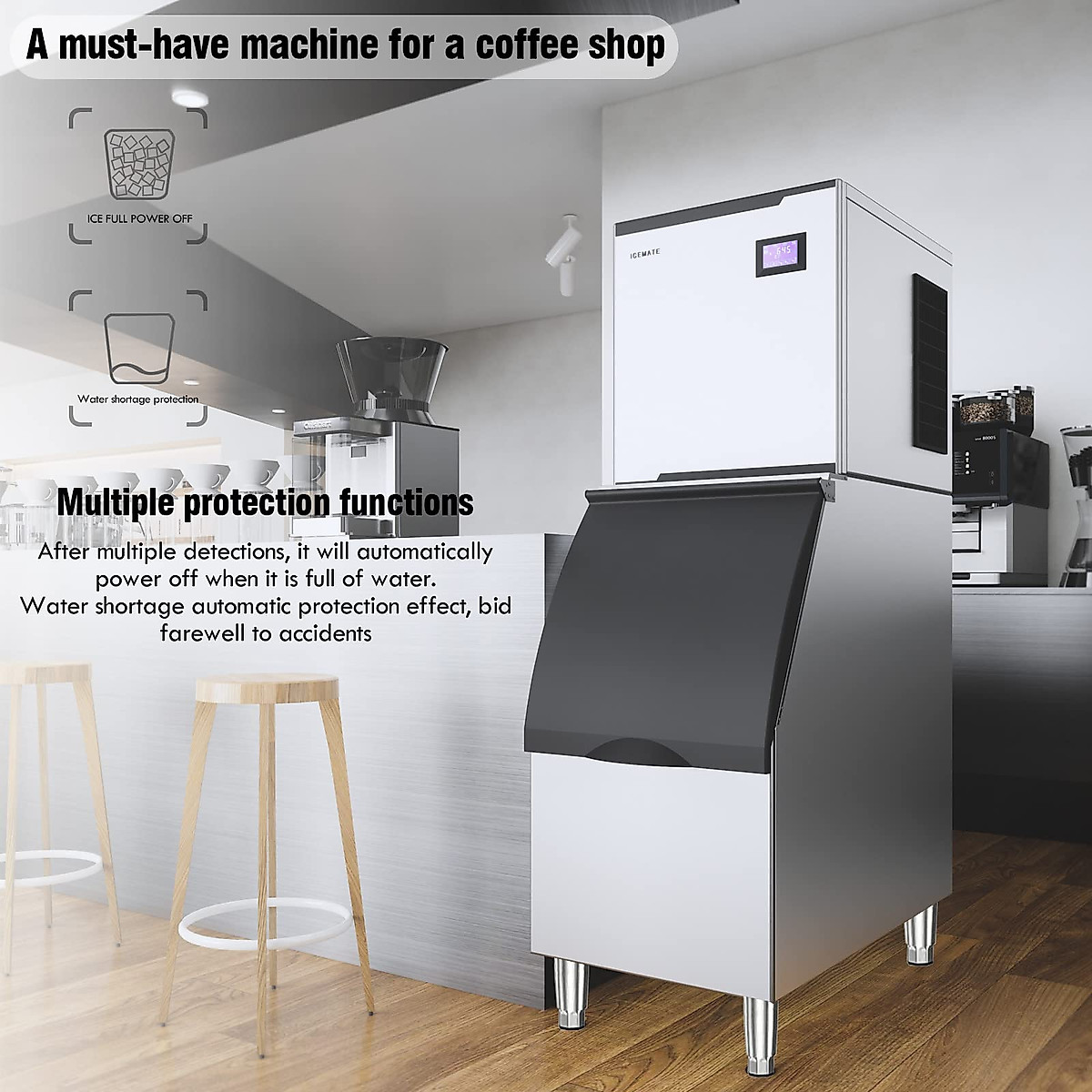 ICEMATE Commercial ice Maker Machine 400 LBS/24H Commercial Ice Machine with Storage 350 LBS Ice Maker Commercial with Drain Pump,Suitable for Restaurants, Bars, Coffee Shops, Large Families,etc