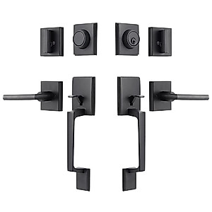 NeuType Front Door Handle Set Matte Black Double Door Handle Set with Dummy Heavy Duty Double Door Lock Set, with Single Cylinder Deadbolt and Lever Handle, Compatible with Right & Left Handed Doors