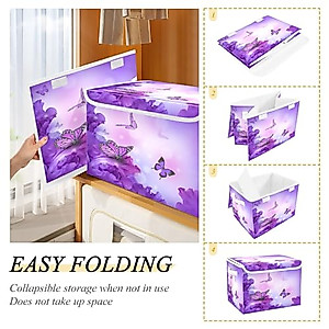 DIGTIA Storage Bins with Lids Butterfly Hydrangeas Purple Foldable Storage Boxes with Handles Spring Large Storage Basket Collapsible Organizer Containers for Closet Home Bedroom Office