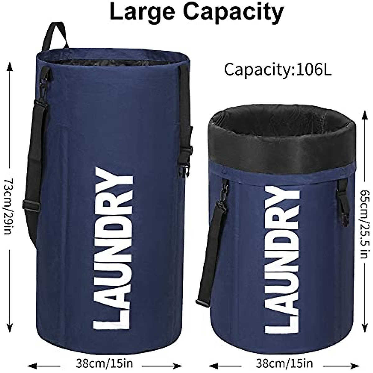 Chrislley 106L Extra Large Laundry Hamper with Drawstring Dorm Room Backpack Laundry Bag Collapsible Laundry Basket for College Students Travel Day Trip（Dark Blue）