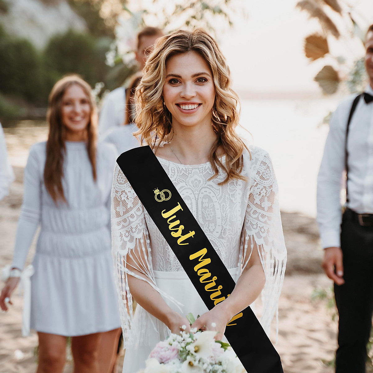 Just Married Sash - 2 Piece Gold Bride and Groom Sash Set | Wedding Party Decorations Bridal Shower Engaged Decor Bachelorette Favors Supplies Gift Decor Bachelor Accessories Engagement Gifts Ribbon