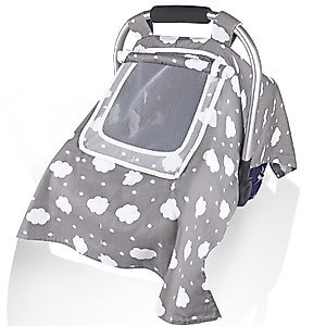 SJEhome Car seat Covers for Babies boy Girl,Light Weight Muslin,Carseat Canopy for Newborn Infant Carrier,2 Layers Windows of Mesh/Fabric,Fit All Baby Car Seat,Grey/Cloud