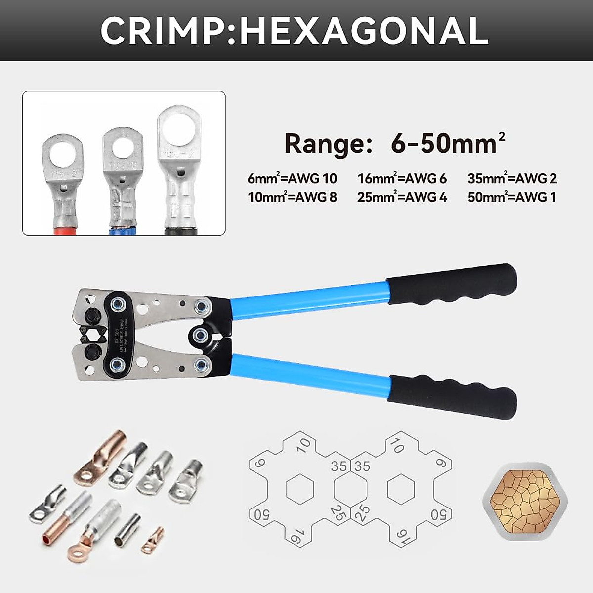 HKS Battery Cable Lug Crimping Tool 10-1 AWG with 60Pcs Copper Ring Terminals 8 Sizes Cable Lugs Set, Heavy Duty Wire Crimper