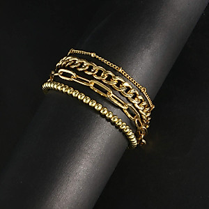 Gold Bracelets for Women14K Gold Plated Dainty Link Paperclip Bracelet Stack Gold Small Ball Beads Bracelets Adjustable Layered Metal Link Bracelet