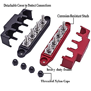 Red & Black Power Distribution Block with Cover,5/16" 4 Studs Bus Bar Power Distribution Block for Auto Marine Car Trailer RV Boat