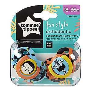 Tommee Tippee Fun Style Pacifiers, Symmetrical Design, BPA-Free Silicone Binkies, 18-36m, 2 Count, Colors and Designs Vary