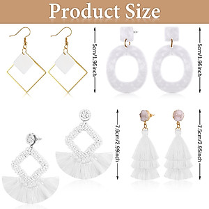 4 Pairs White Earrings for Women Layered Tassel Dangle Earrings Bohemian Geometric Earrings Mottled Hoop Bead Earrings (Elegant)