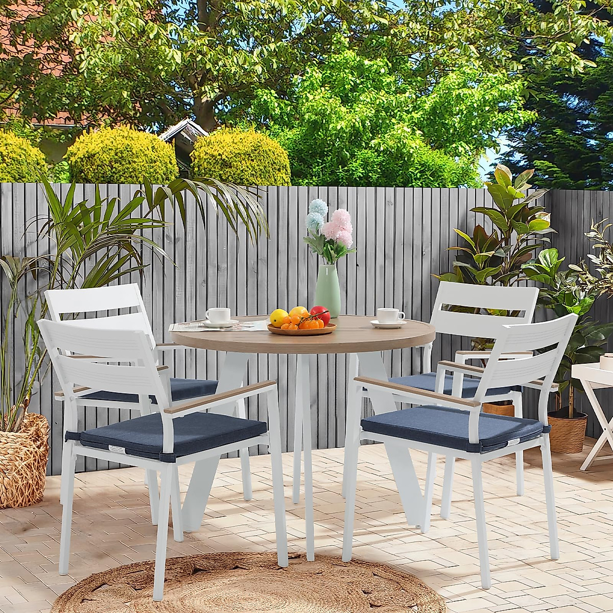 OC Orange-Casual 5 Piece Aluminum Patio Dining Set, Outdoor Furniture Set with 4 Stackable Cushioned Chairs and Round Weather Resistant Table w/Umbrella Hole for Deck, Backyard, Poolside(Dark Blue)