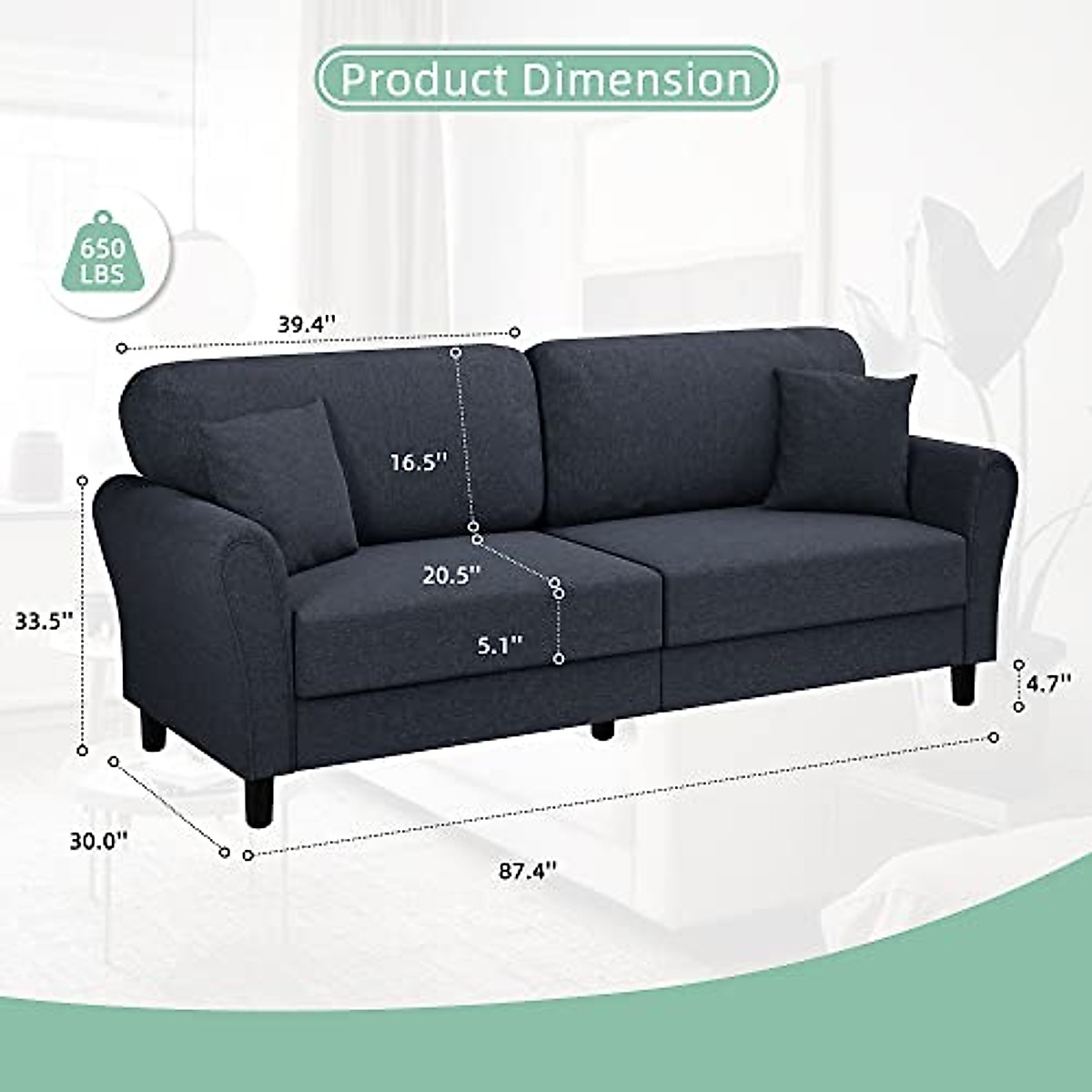 Vongrasig 87.4" Loveseat Sofa, Mid Century Modern Linen Fabric 3-Seater Love Seat Couch with Curved Armrest for Living Room, Bedroom, Apartment and Small Space (Dark Grey)