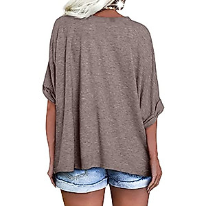 Langwyqu Women's Oversized T Shirts V Neck Short Sleeve Summer Casual Loose Tops Tees Brown