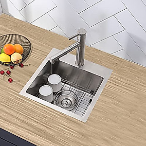 VCCUCINE Drop in Bar Sink, 15 x 15 Inch Topmount RV Small Kitchen Sink, Handmade Stainless Steel Wet Bar Sink, Outdoor Single Bowl, Brushed Nickel Prep Sink with Accessories