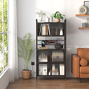 REENLIV 5-Tier Bakers Rack with Power Outlet, Microwave Stand, Bread Rack,Coffee Stand, Baker's Rack with Rolling Wheels and 4 Hooks, Kitchen Shelves for Spices, Pots and Pans,Black