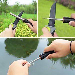 SHARPAL 178N 3-In-1 Blade Sharpener | 4-Inch 600 Grit Diamond Sharpening Rod | Sharpen All Knife and Tool with Straight Edge, Serration & Hooks | Pocket Knife Sharpener | Durable Aluminum Handle