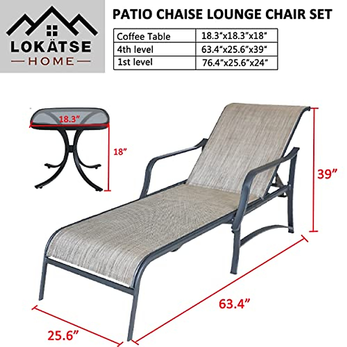 LOKATSE HOME Outdoor Patio Adjustable Metal Chaise Lounge Chair Recliner Set of 2 with 1 Glass Top Bistro Table, Grey