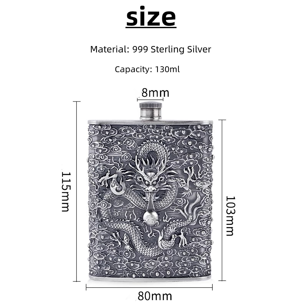 GOHQ Hip Flask for Liquor for Men,999 Sterling Silver Leak proof Dragon Drinking Flasks Used for Gift,Camping, Outdoor Activitie,Groomsman Bridesmaid Wedding Party