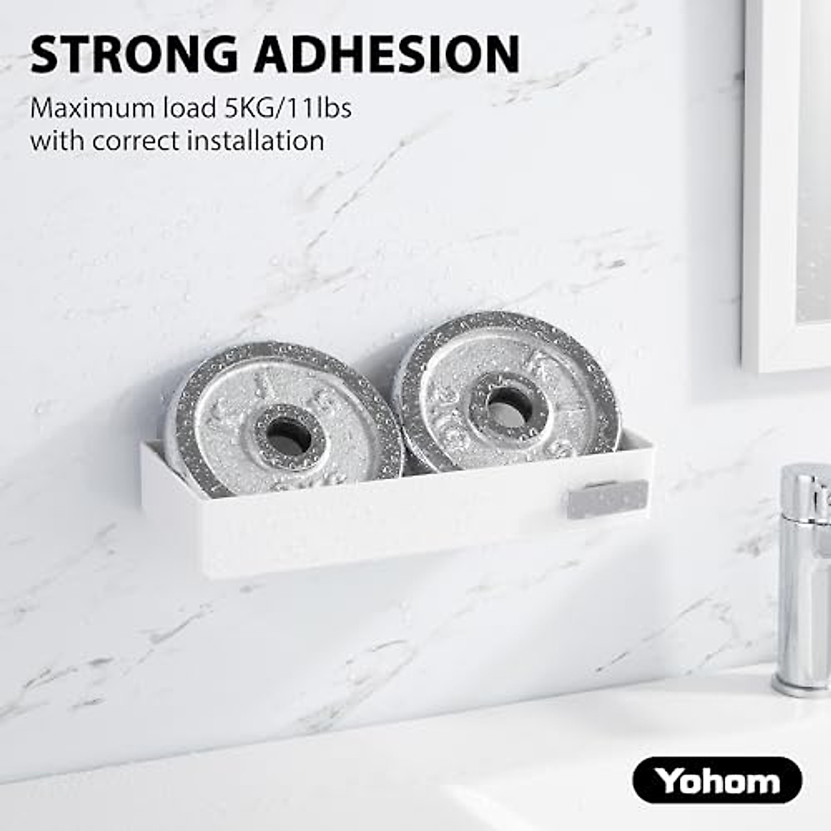 YOHOM White Adhesive Bathroom Caddy Organizer for Tile Wall Mounted Stick on Shower Caddy Floating Shelf Plastic Shampoo Holder with Hook