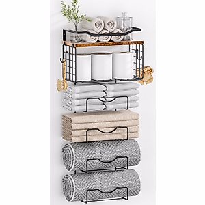 Towel Racks for Bathroom,Towel Rack Wall Mounted, 6 Tier Rolled Or Folded Towel Holder with Floating Shelves, Bathroom Towel Holder for Bath, Hand Towels,Metal and Wood