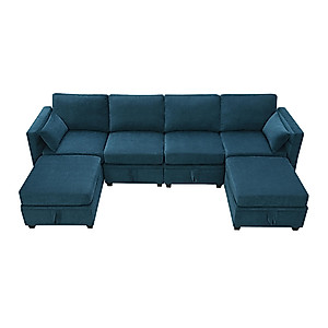 Hlcodca Chenille Modular Sectional U Shaped Couch with Adjustable Armrests and Backrests, 6 Seat Reversible Sofa Bed with Storage Seats, for Living Room, Apartment, 2 Colors(Blue-U)