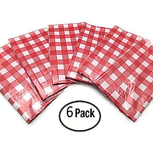 Oojami Pack of 6 Plastic Red and White Checkered Tablecloths - 6 Pack - Picnic Table Covers