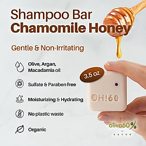 Shampoo Bar Chamomile Honey - Gentle & Non-Irritating | Hair Care- Moisturizes & Hydrates Dry Hair | Organic Shampoo wirh Olive, Argan, Macadamia Oil | Sulfate & Paraben Free | Oliva 60
