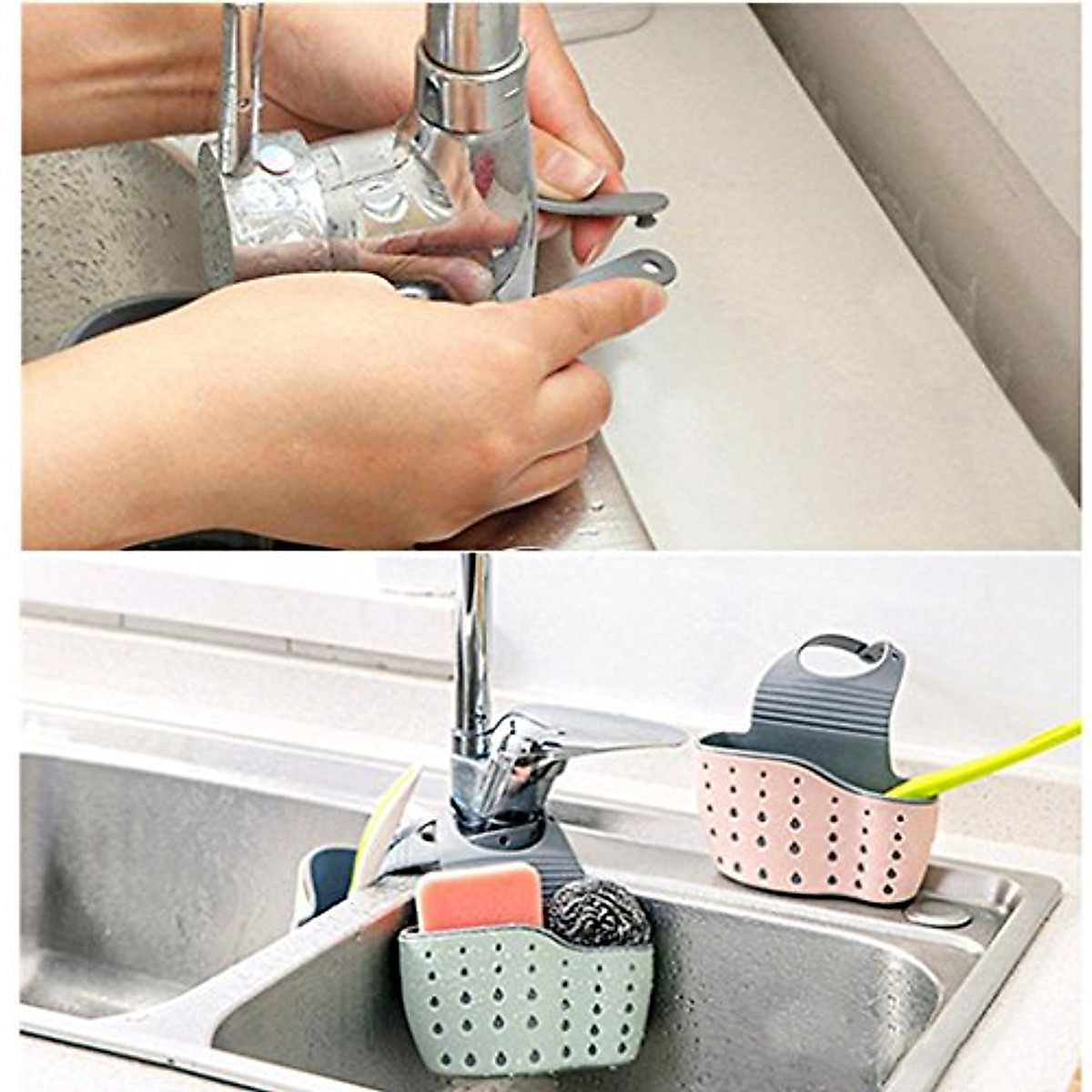 Kinteshun Kitchen Sink Caddy Sponge Holder Hang Basket for Scrubber Dish Brush Kitchen Accessories Organizer(Light Blue)