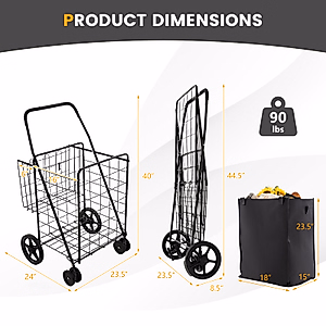 S AFSTAR Shopping Cart with Oxford Liner Bag, 27 Gal Folding Grocery Cart on Wheels, Double Basket, 330 LBS Weight Capacity, Portable Granny Cart Shopping Cart for Market Laundry (Black)