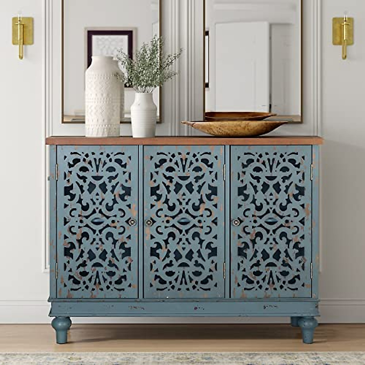 PHI VILLA Accent Cabinet with Doors - Farmhouse Credenza Cabinet for Living Room, Sideboard Buffet Cabinet with Storage Blue