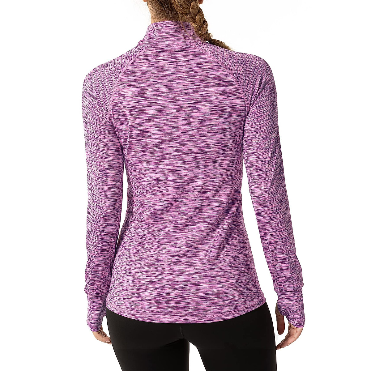 Zengjo Long Sleeve Running Shirts Women Half Zip with Thumb Holes(Marled Pink,M)