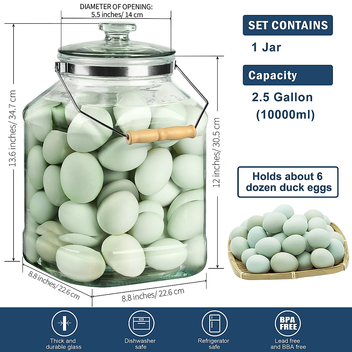 Daitouge 2.5 Gallon Glass Jar with Lids, 5.5" Opening Heavy Large Glass Storage Jars with Handle, Extra Big Glass Container for Kitchen Organization