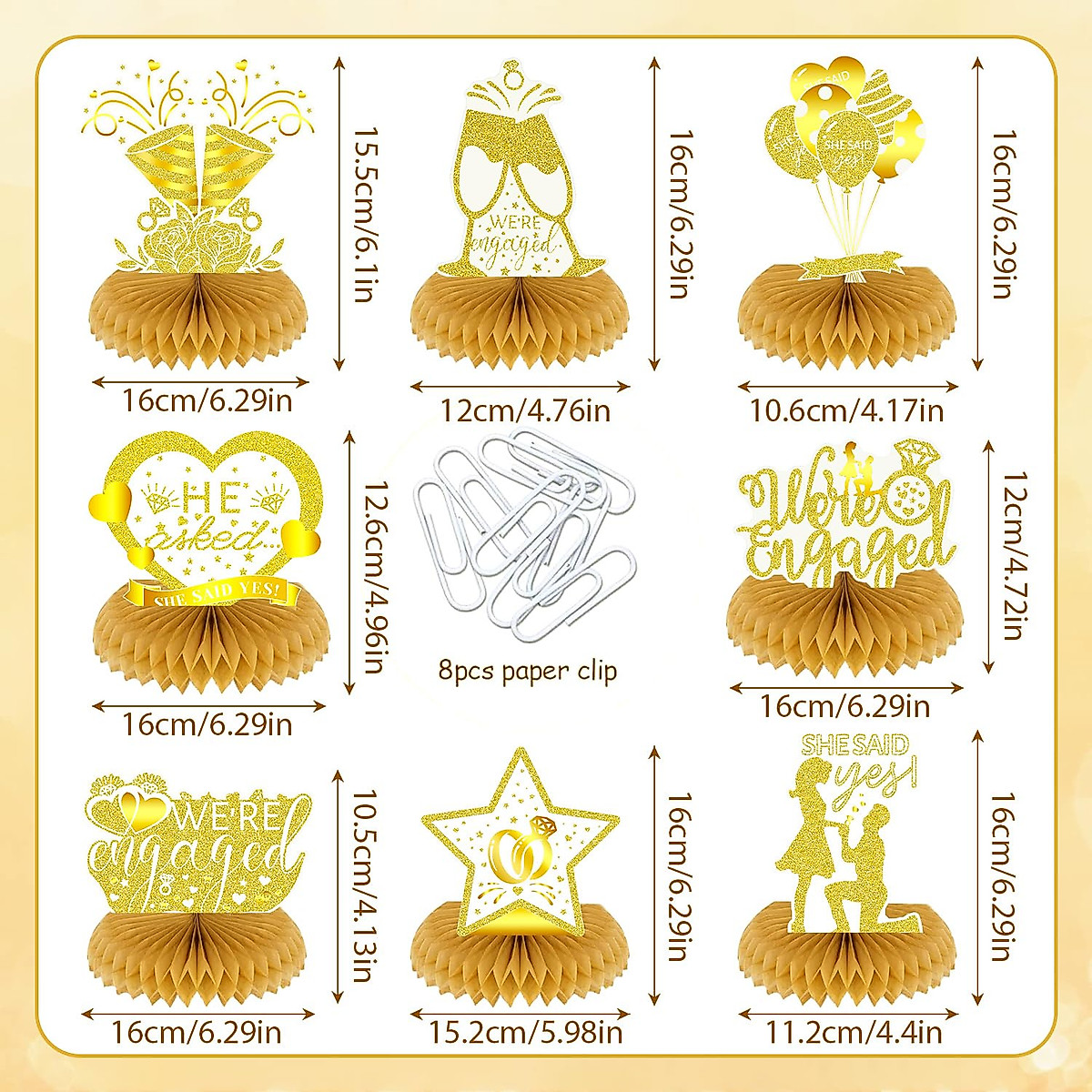 8Pcs Engagement Centerpieces Table Decorations, Gold White Engagement Party Decorations, Golden He Asked, She Said Yes Honeycomb Centerpiece for Bridal Shower Engagement, Wedding Party Decoration