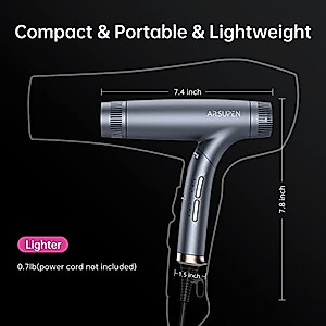 Arsupen Professional Hair Dryer with Powerful Brushless Motor, Lightweight Foldable Dual Ionic Blow Dryer, High Speed for Fast Drying with Magnetic Nozzle, 12 Modes, Super Quiet, for Travel Salon Home