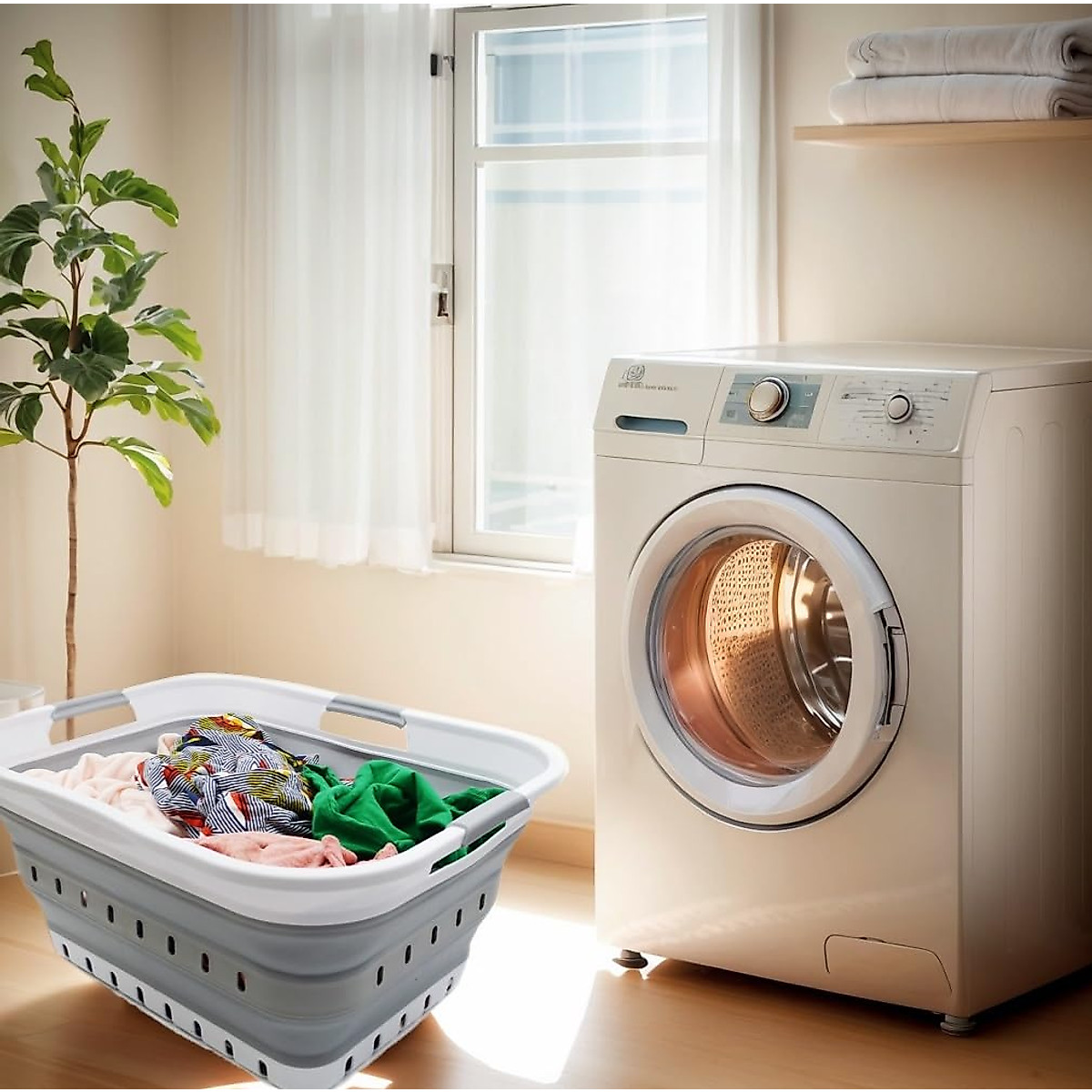 SAMMART 42L (11 gallon) Collapsible Plastic Laundry Basket - Foldable Pop Up Storage Container/Organizer - Portable Washing Tub - Space Saving Hamper/Basket (1, White/Grey)