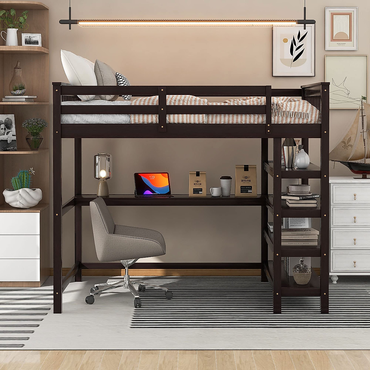 Merax Wood Loft Bed with Desk and Shelves : Twin Size Loft Bed with Storage Shelves and Under-Bed Desk, Twin Loft Bed,Espresso