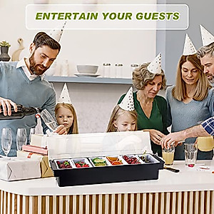 Tessco 2 Piece Ice Cooled Condiment Serving Container Chilled Garnish Tray Bar Caddy Large with Hinged Lid for Home Work or Restaurant, Black (6 Compartments)