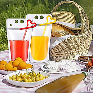 LOMIMOS 50 PCS Stand-Up Plastic Drink Pouches,Reusable Heavy Duty Hand-Held Translucent Reclosable Zipper Drink Bag with 50 Straws for Smoothie Juice Adult Party