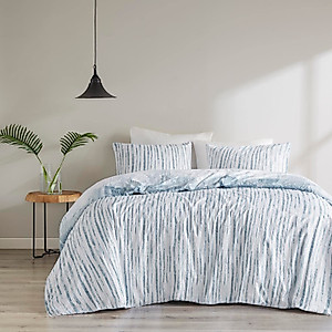 N Natori Brush Stroke Reversible Duvet Set Abstract Styling, Embossed Seersucker Design, All Season, Breathable Oversized Comforter Cover Bedding, Shams, Full/Queen(92"x96") Blue 4 Piece