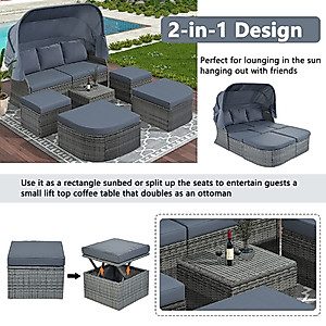 EMKK All-Weather Outdoor Round Patio Daybed Conversation Sofa Set Wicker Rattan Double Daybed Sunbed with Retractable Canopy, Pillows and Removable Cushions