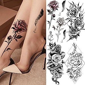 Shegazzi 63 Sheets 3D Flower Temporary Tattoos For Women Girl, 12 Sheets Realistic Sexy Rose Peony Floral Fake Tattoo Sticker Adult, 52 Sheets Small Black Snake Letter Anchor Infinity Tatoos Neck Arm