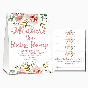 Baby Shower Game Set, Measure The Baby Bump(1 Standing Sign + 50 Guessing Cards), Floral How Big is Mommy's Belly Party Game, Blush Pink Baby Shower/Gender Reveal Party Favor Decor(A02)