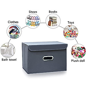 SEVENDOME Linen Fabric Foldable Collapsible Storage Cube Bin Organizer Basket with Lid, Leather Handles, Removable Divider for Home, Closet (Grey, 3Pcs)