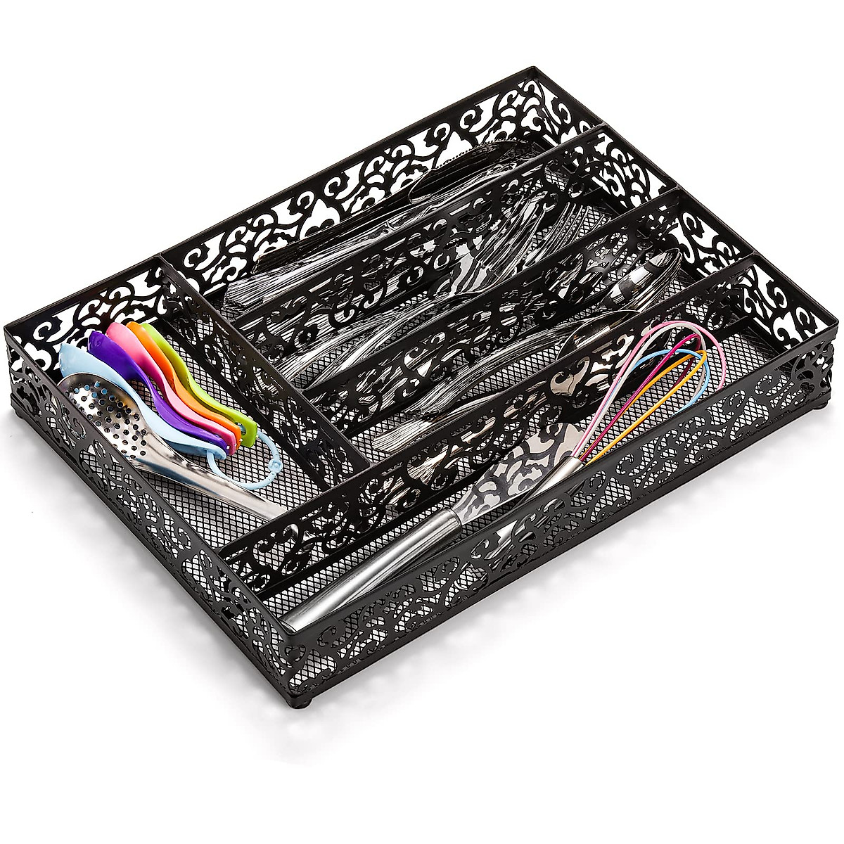 Coloch Metal Utensil Drawer Organizer with 5 Compartments , Black Flatware Storage Organizer Mesh Wire Silverware Tray with Foam Sheet for Knives, Spoons, Forks, Kitchenware