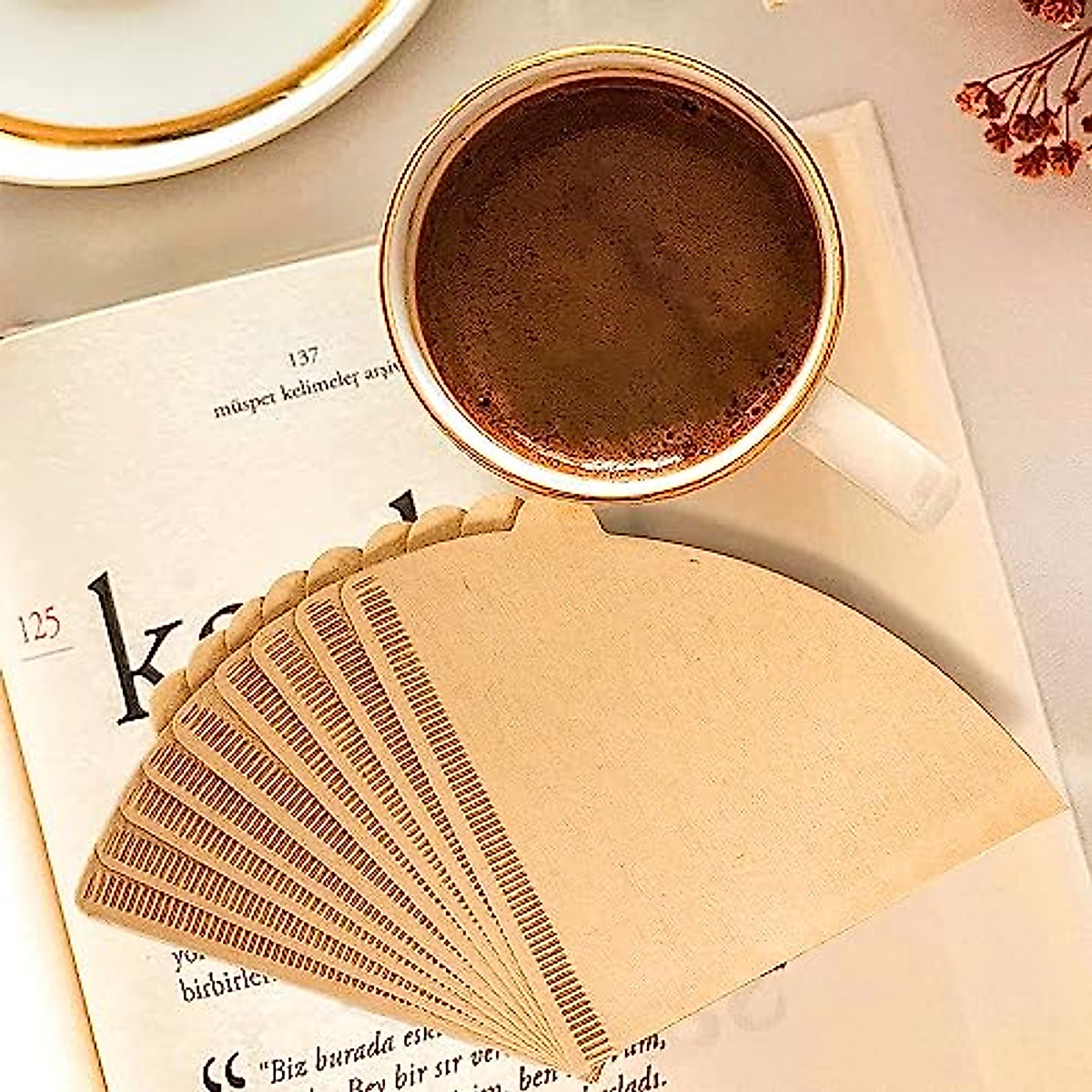 Gute Cone Coffee Filters, 200 Count 2-4 Cups Unbleached Natural Brown V02 Disposable Coffee Filter Paper, V-Shaped Pour Over Coffee Dripper and Drip Coffee Maker, Size 02